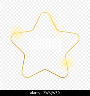 Gold glowing rounded star shape frame isolated on transparent background. Shiny frame with ...