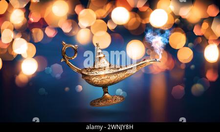 Precious golden magic lamp with smoke on blue background, fairy tales ...
