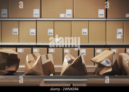 Crushed cardboard boxes on the conveyor belt at the warehouse Stock ...
