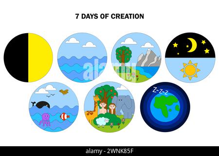 Biblical seven days of creation. From light to rest day. Vector ...