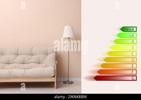 Energy efficiency rating label and lamp on bedside table near grey wall ...