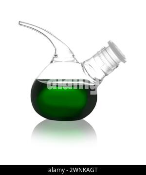 Glass retort flask with purple liquid sample isolated on white ...