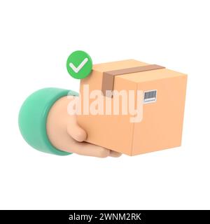 3D Hand holding parcel with check mark. Delivery of order in cardboard ...
