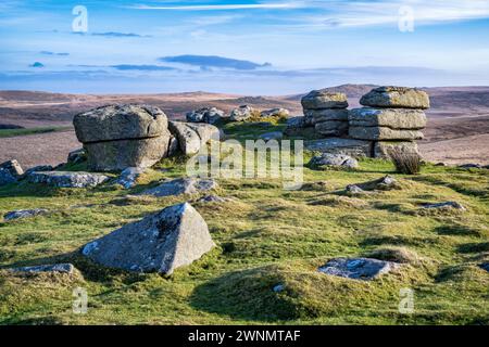 Natural outcrops or 'stacks' of granite rock on Row Tor, in the ...
