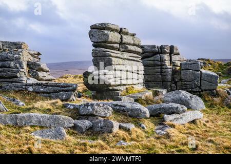 Dramatic 'stacks' of granite outcrops on East Mill Tor, Dartmoor ...