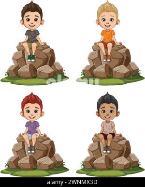 Four happy cartoon boys sitting and smiling Stock Vector Image & Art ...