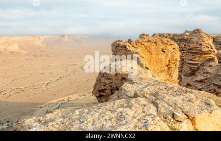 The Jabal Tuwaiq Mountains, with desert below landscape, Riyadh, Saudi ...