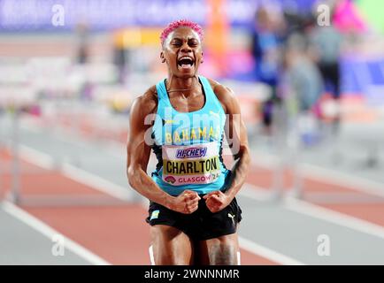 Bahamas' Devynne Charlton sets a world record taking gold in the Women's 60m Hurdle final during ...