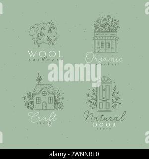 Hand drawn sheep, store, house, door labels drawing in floral style on ...