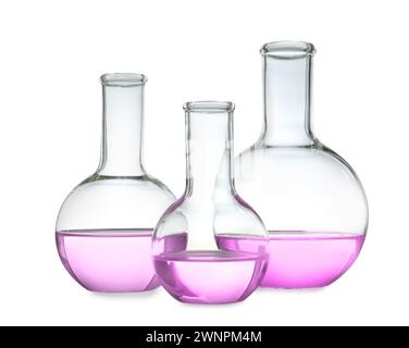 Boiling flask with pink liquid isolated on white. Laboratory glassware ...