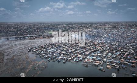 Lagos. 2nd Mar, 2024. This aerial drone photo taken on March 2, 2024 shows a view of the Makoko ...