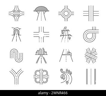 Winding road icons set. Set of line art icons featuring various road ...