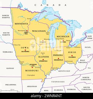 Minnesota - Iowa - Wisconsin - Michigan Map labelled black Stock Photo ...