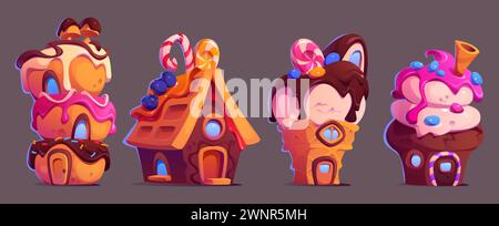 Sweet candy land houses made of cake and cookie, chocolate and lollipop ...