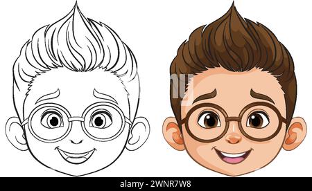 Vector illustration of a boy's face, before and after coloring Stock ...