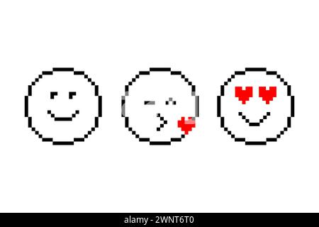Cute pixel emoticons. Smile icons. Set of Emoji. Pixel art icons ...