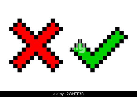 Pixel 8-bit check mark and cross mark. Tick and cross sign vector Stock ...