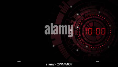Image of red digital timer changing with traffic lights on black ...