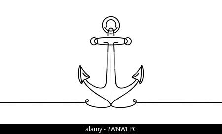 Anchor is drawn by one black line on a white background. One-line ...