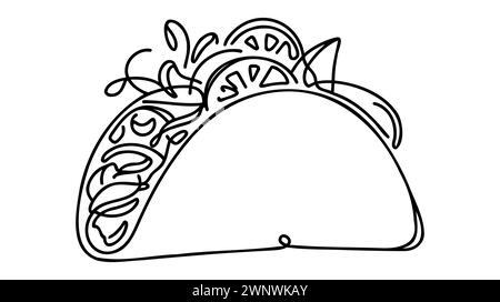 Single continuous line drawing tacos Mexican fast food with tortilla ...