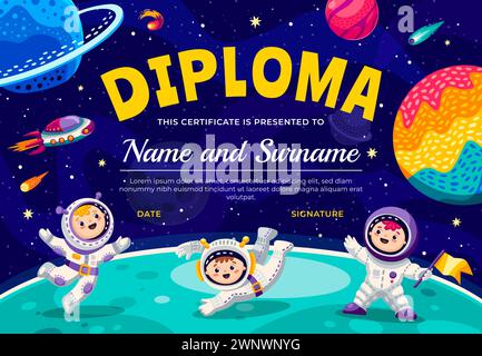 Kids astronaut diploma. Astronauts in outer space on planet surface ...