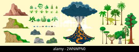 Prehistoric jurassic period landscape with volcanic eruption. Cartoon ...