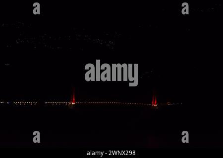 Colourful Dobra Chanti hanging bridge over Tehri Lake. Night view of ...