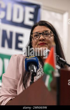 Rep. Rashida Tlaib speaks in Dearborn, Michigan on Sunday, February 25 ...