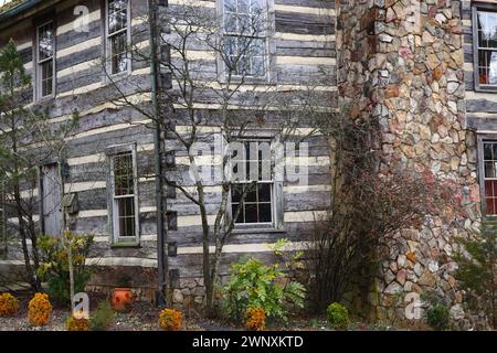 Rustic cabin with hand hewn logs and a purple door. Purple and white ...