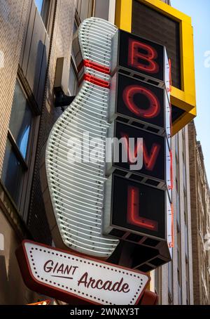 Signage for the Bowling, Arcade, Bar, & More at Bowlero Times Square in ...