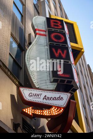 Signage for the Bowling, Arcade, Bar, & More at Bowlero Times Square in ...