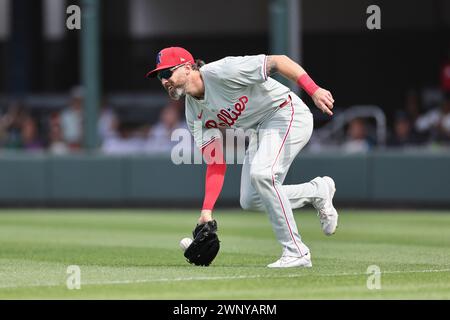 Philadelphia Phillies Jake Cave (44) bats during a spring training ...