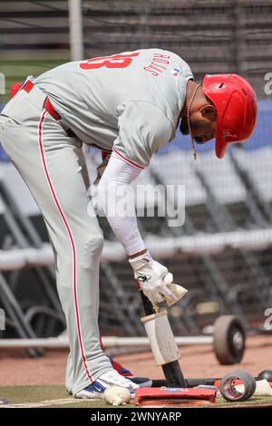 Philadelphia Phillies center fielder Johan Rojas is unable to catch a ...