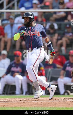 Atlanta Braves' Marcell Ozuna, left, is congratulated by Matt Olson (28 ...