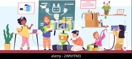 Happy children making robot for school project flat vector illustration ...