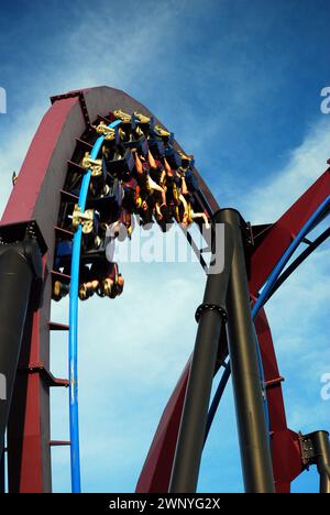 Riders loop upside down on the Blue Fire mega coaster at Europa-Park in ...