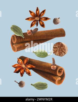 Set of aromatic spices on blue background Stock Photo - Alamy