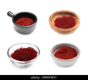Aromatic saffron in dishes isolated on white, set Stock Photo - Alamy