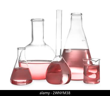 A laboratory set of glassware of conical, boiling and volumetric flasks ...