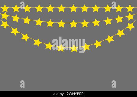 Three curved lines of bright yellow stars decreasing in size on a gray ...