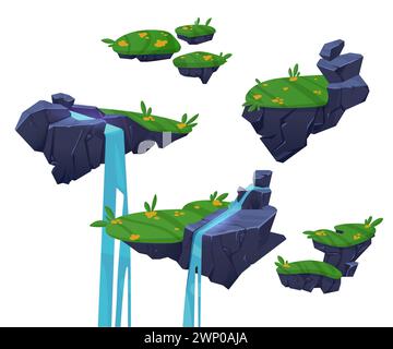 Game ui level map with floating islands with river and waterfall, green ...