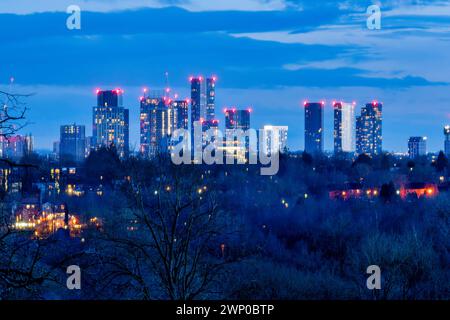 The skyline of Manchester at night, photographed from the edge of the ...