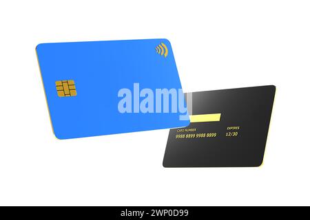 Front and back of blue debit card design with detail isolated on a ...