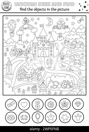 Unicorn black and white seek and find game. Attention skills puzzle ...