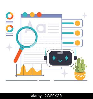 Recurrent Neural Network concept. Robot inspects text data, representing sequential analysis ...