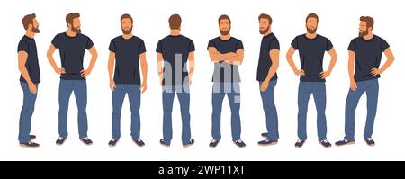 Vector man character casual poses set in flat style. Full length ...