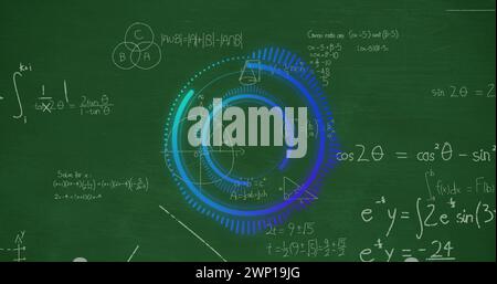 Image of scope scanning over mathematical equations on black background ...