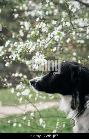 Border collie in cherry blossom Stock Photo - Alamy