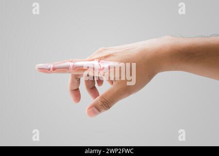 Inflammation of the index finger and synovial joint. on a gray ...