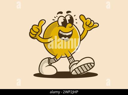 Ball head mascot character walking with happy face, drawing in vintage ...